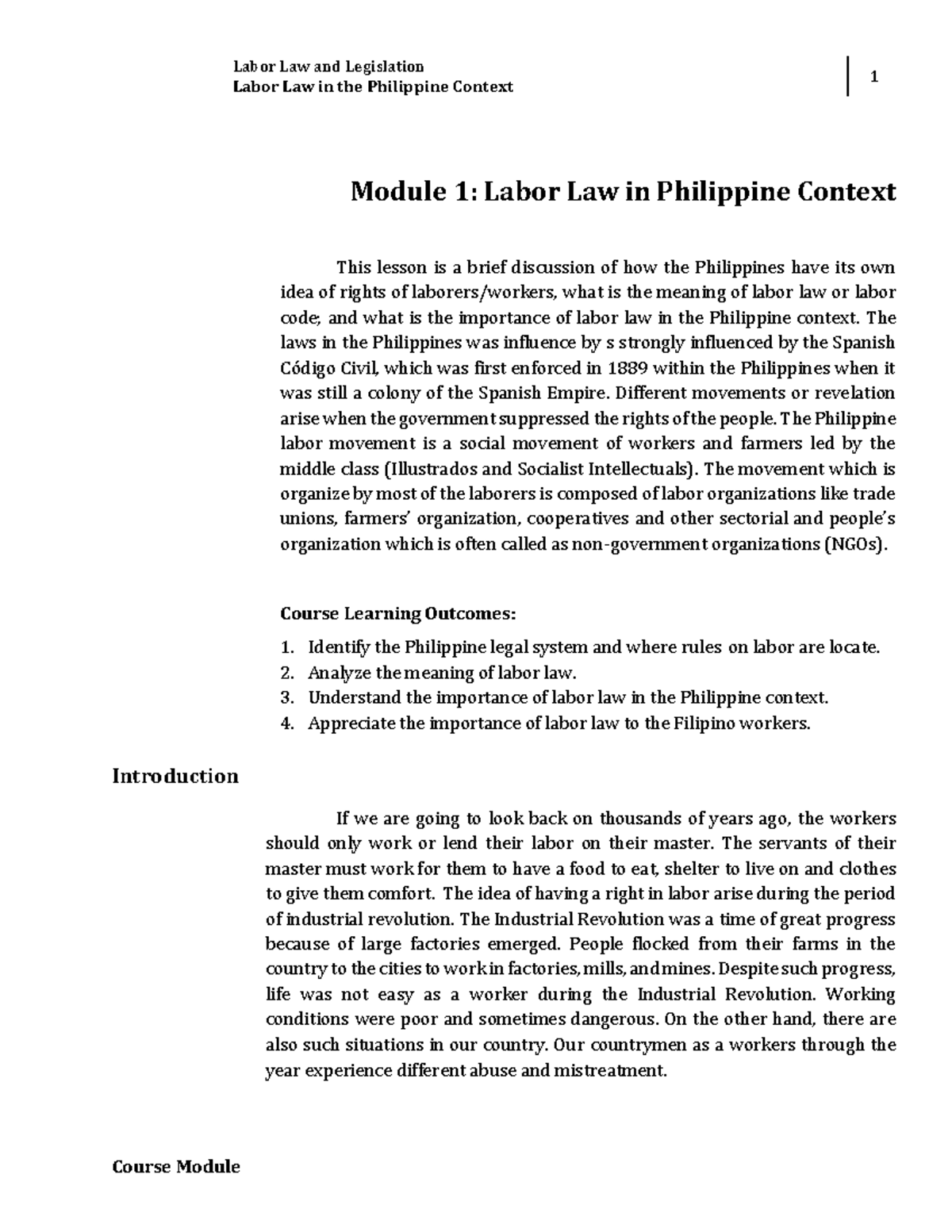 W1 Module 1 Labor Law in the Philippine Context - Labor Law in the Philippine Context 1 Module 1 ...