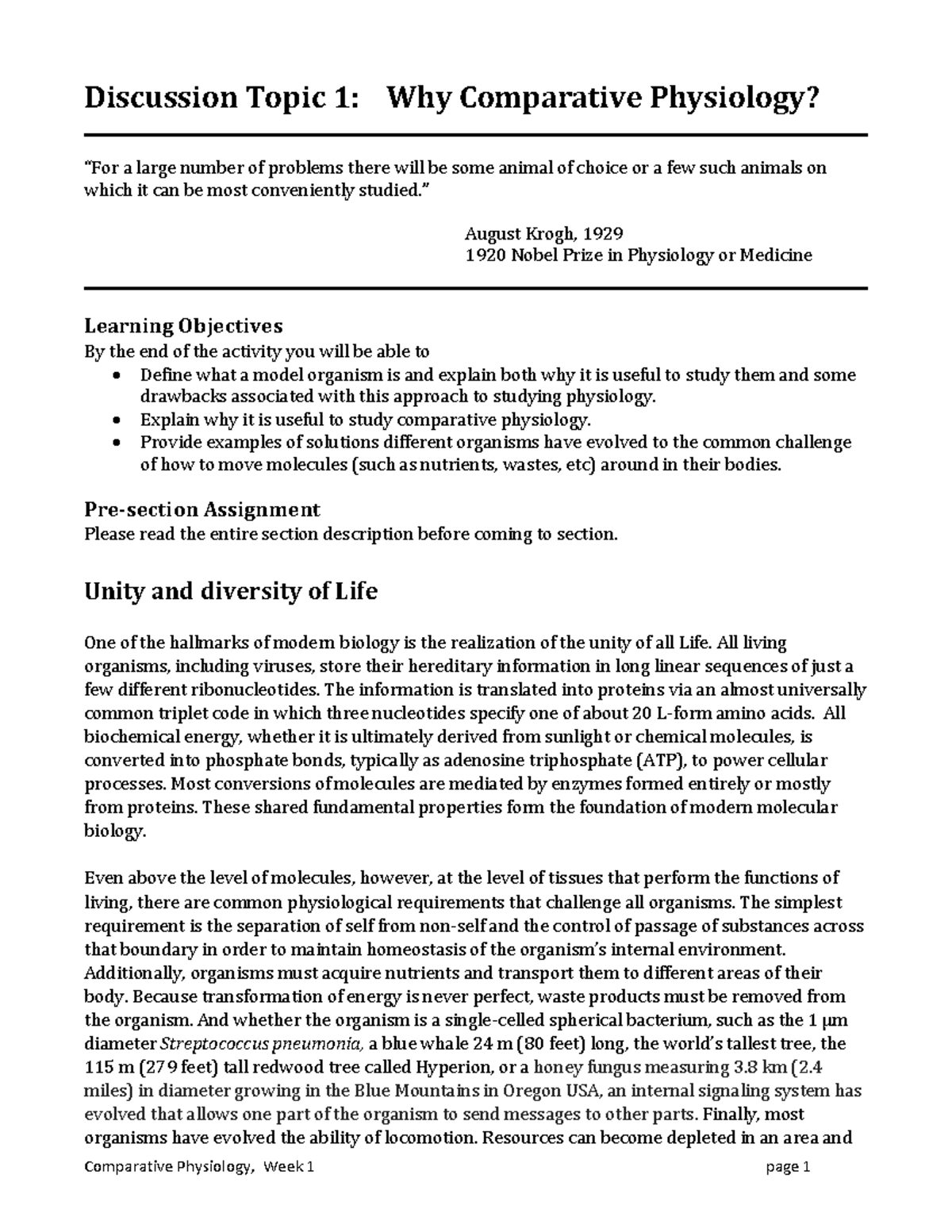 Week 1Discussion assignment- Why comparative physiology - Discussion ...