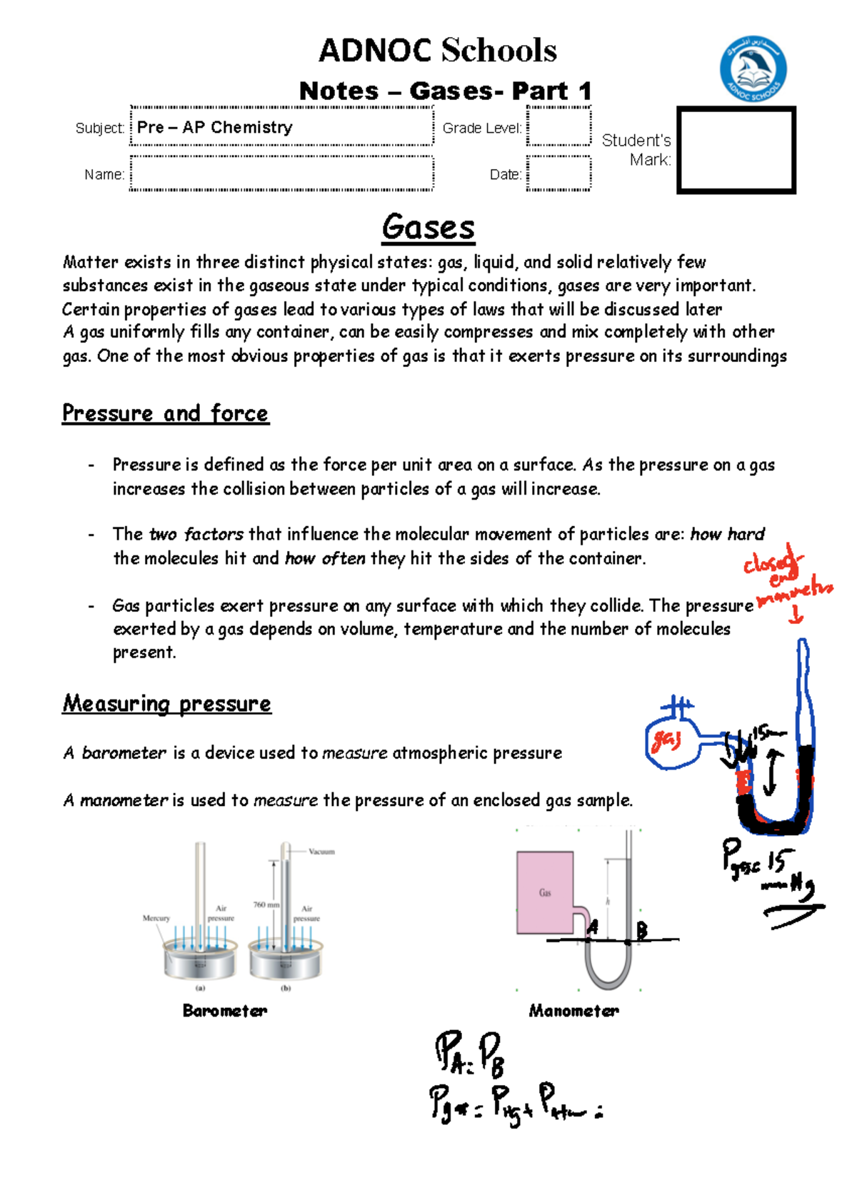 Chapter 5-Gases-part 1 AK - Notes – Gases- Part 1 Subject: Pre – AP ...