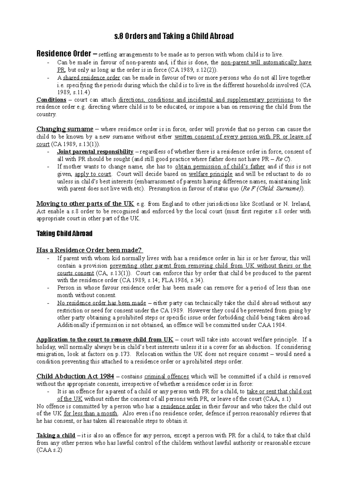 Details about difference s.8 Orders - s Orders and Taking a Child ...