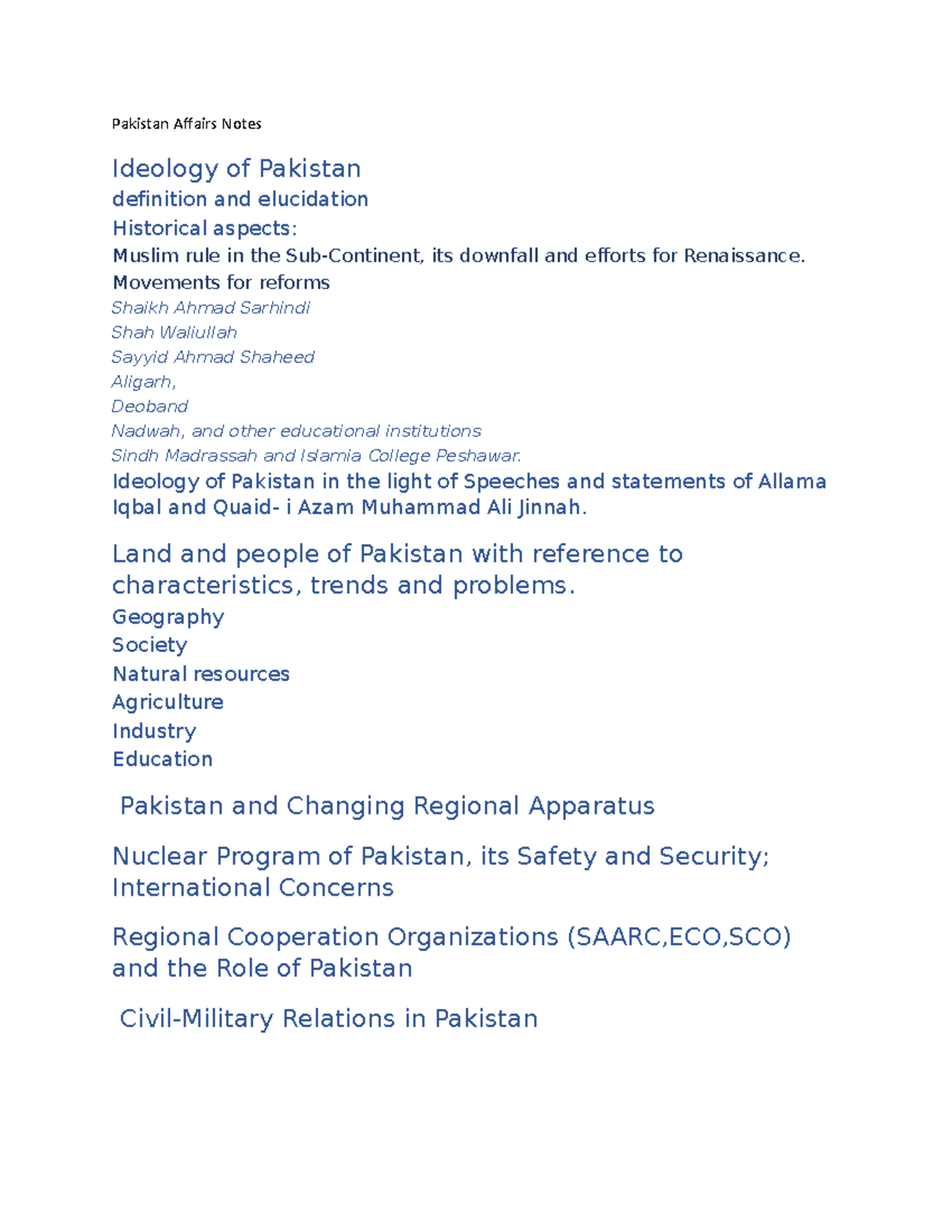 Pakistan Affairs Notes - Pakistan Affairs Notes Ideology of Pakistan ...