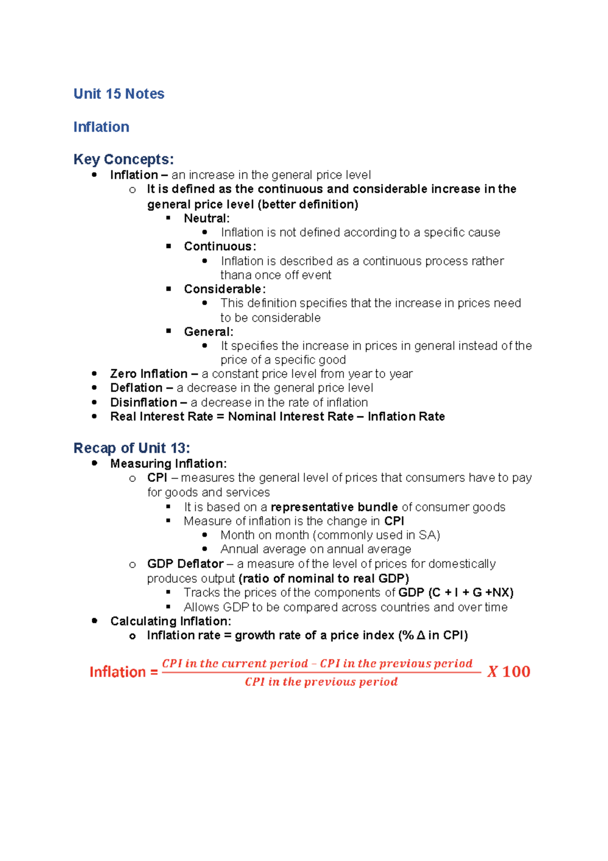 Unit 15 Notes - Unit 15 Notes Inflation Key Concepts: Inflation – an ...