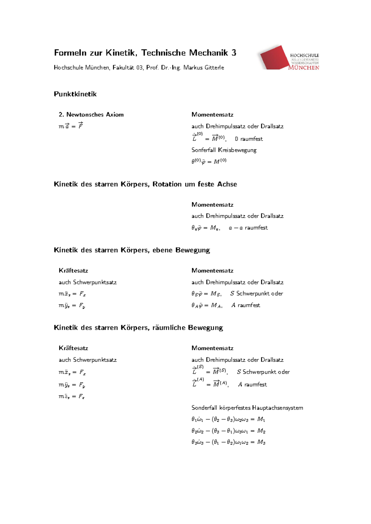 Formelsammlung tm3 - Zusammenfassung Technische Mechanik III - Formeln zur Kinetik, Technische ...