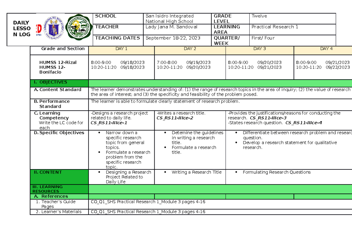 Q1.Week 3 - Lesson Plan - SCHOOL San Isidro Integrated National High ...