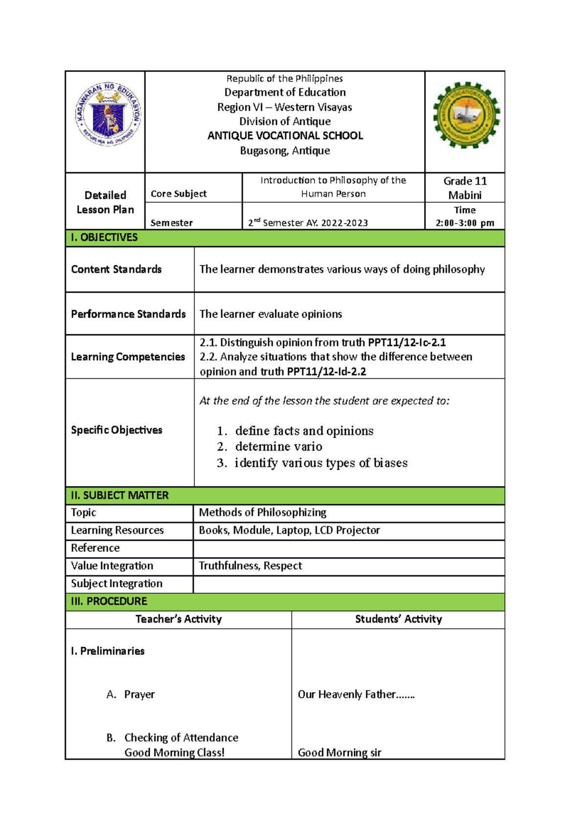 Joms Detailed LP - lESSON PLAN MATERIALS AND POWERPOINTS FOR PRACTICE ...