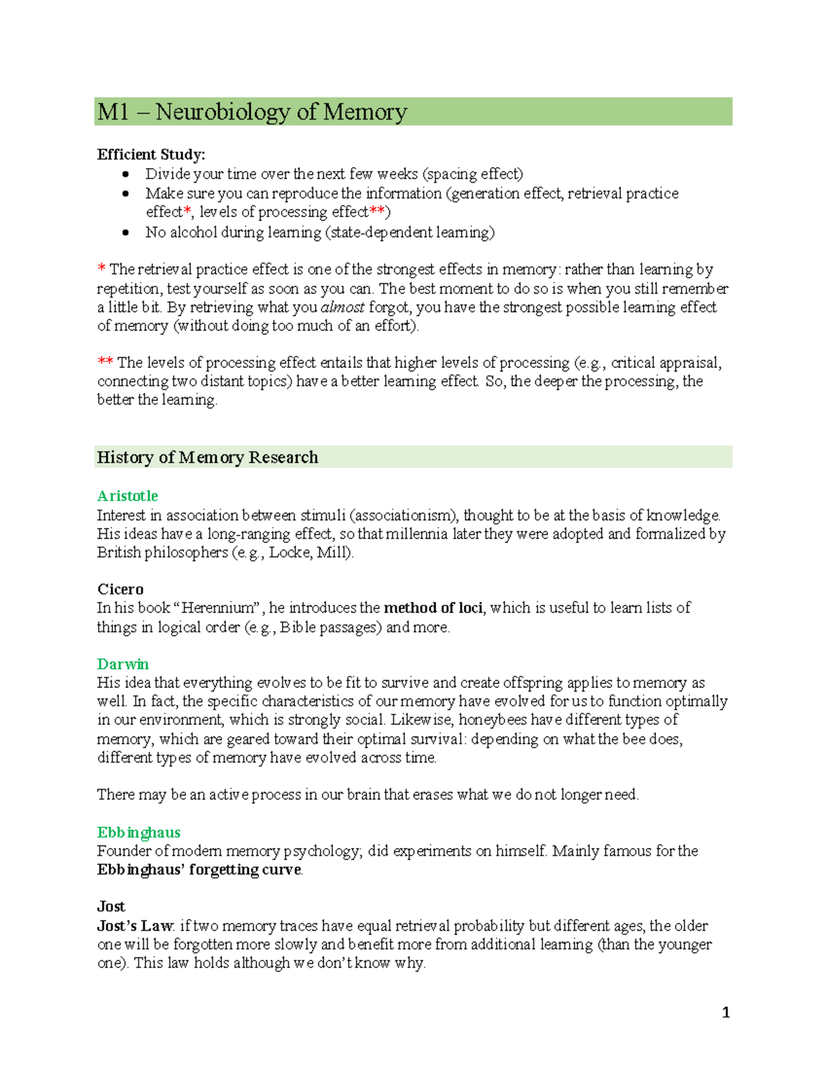 Memory - summary - M1 ± Neurobiology of Memory Efficient Study: x Divide your time over the next ...