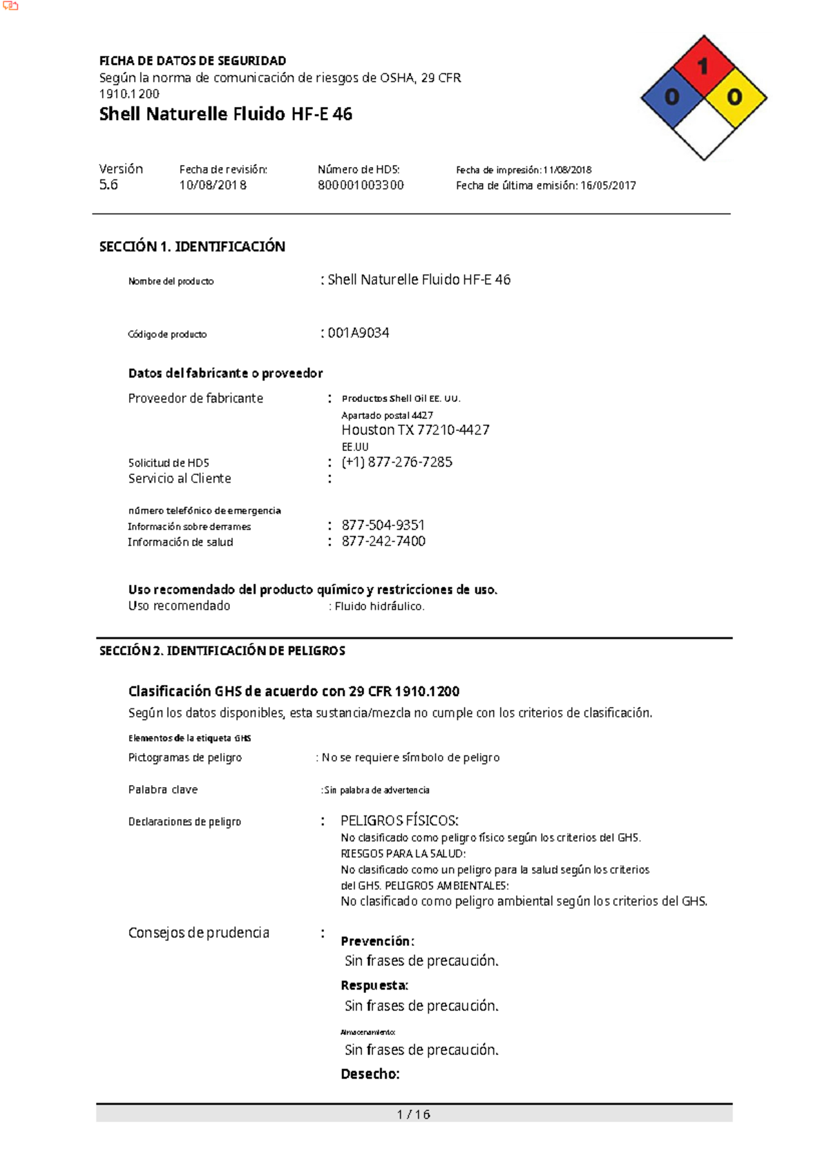 MSDS - Aceite Hidraulico Shell - Según la norma de comunicación de ...