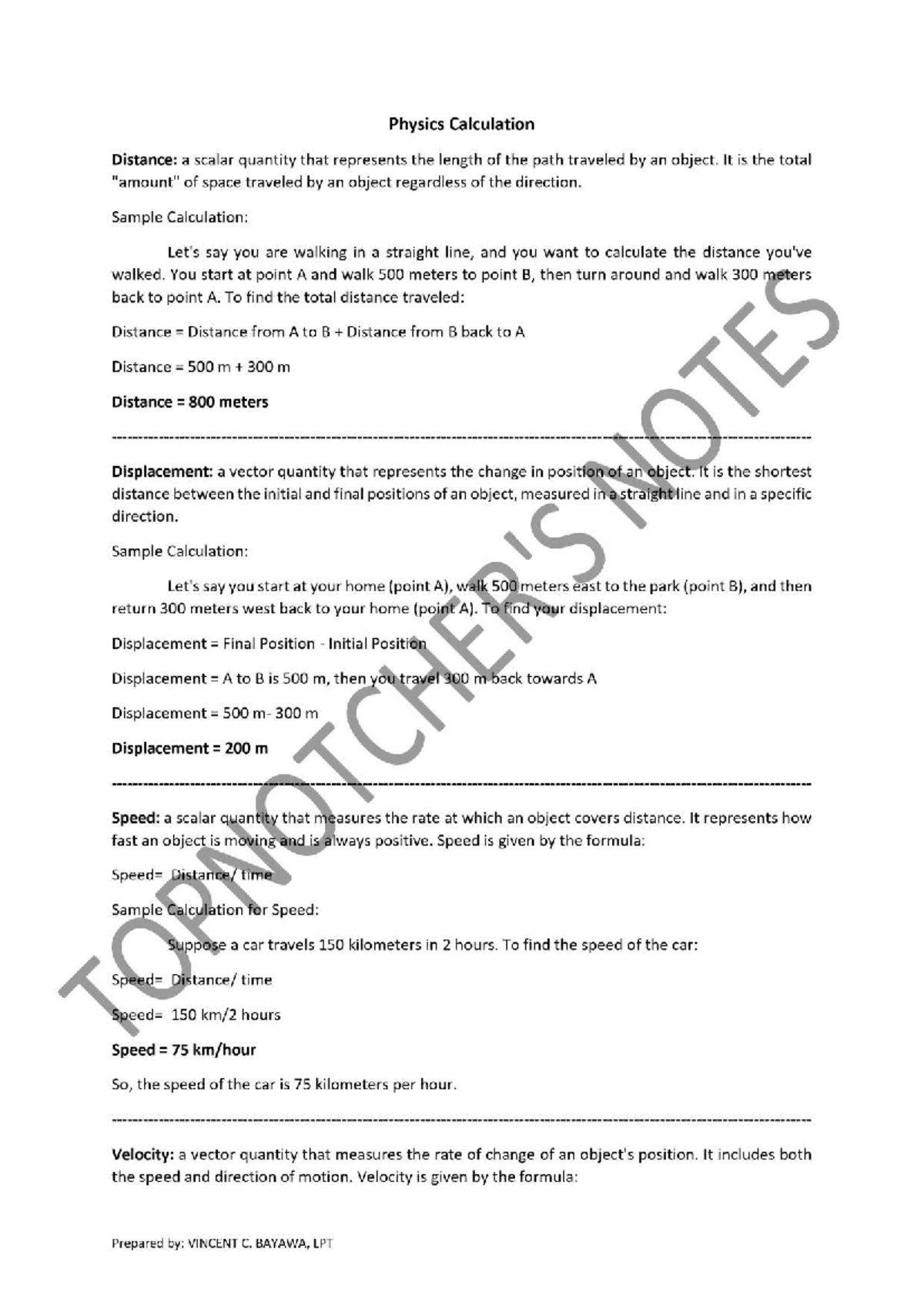 Physics Calculation Handout - Physics Calculation Distance: a scalar ...