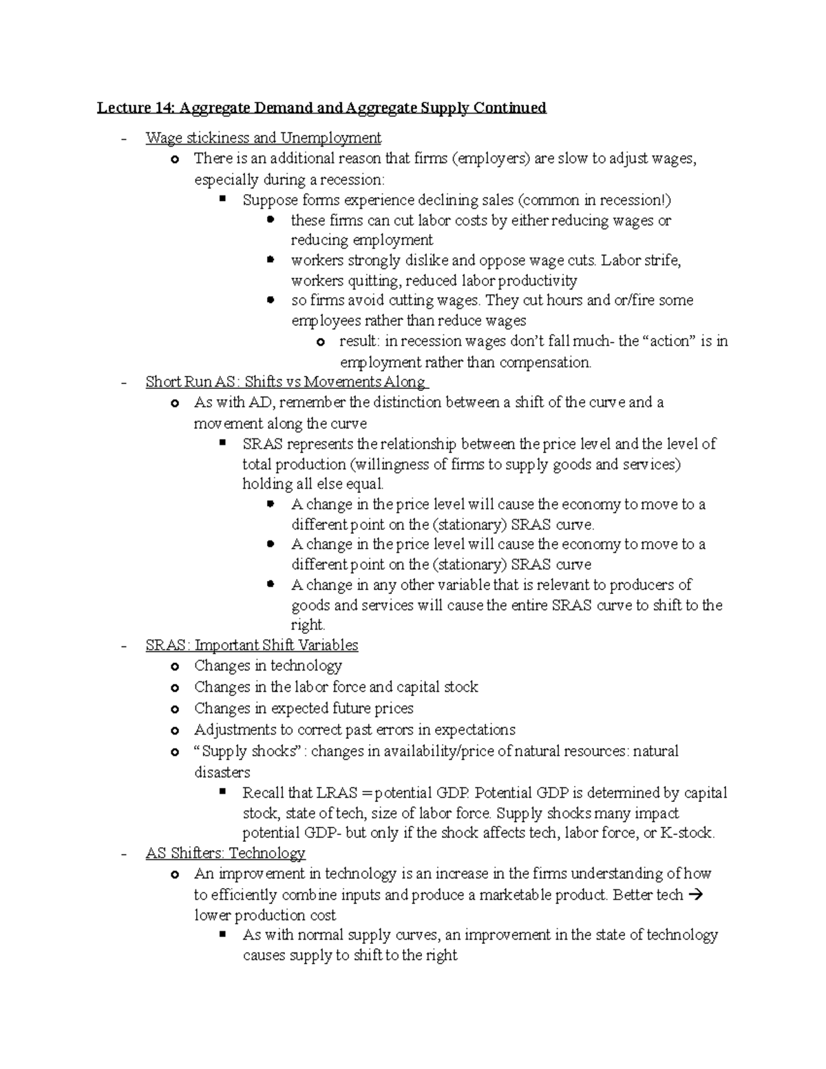 Lecture 14- Aggregate Supply and Demand Continued - Lecture 14 ...
