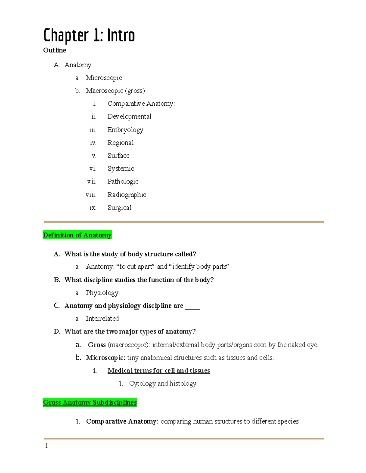 Class notes - Chapter 1: Intro Outline A. Anatomy a. Microscopic b ...