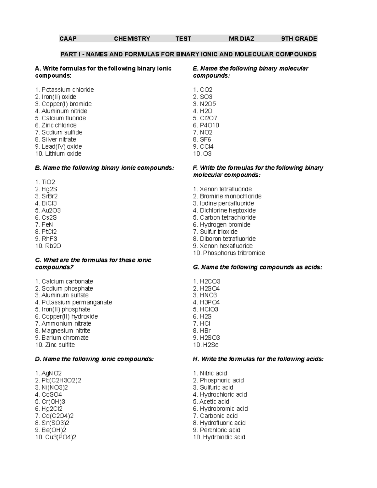 Formulas, names, chemical reactions and equations TEST - PART I - NAMES ...