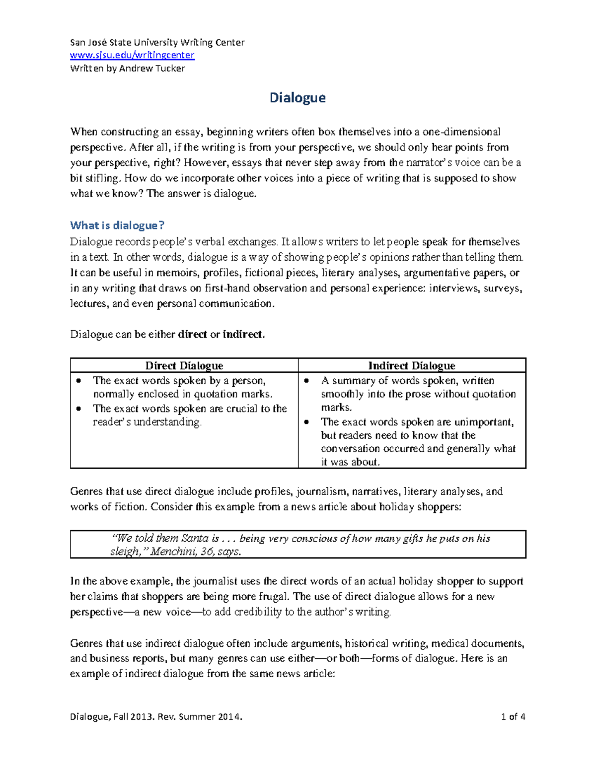 Dialogue - San José State University Writing Center sjsu/writingcenter ...
