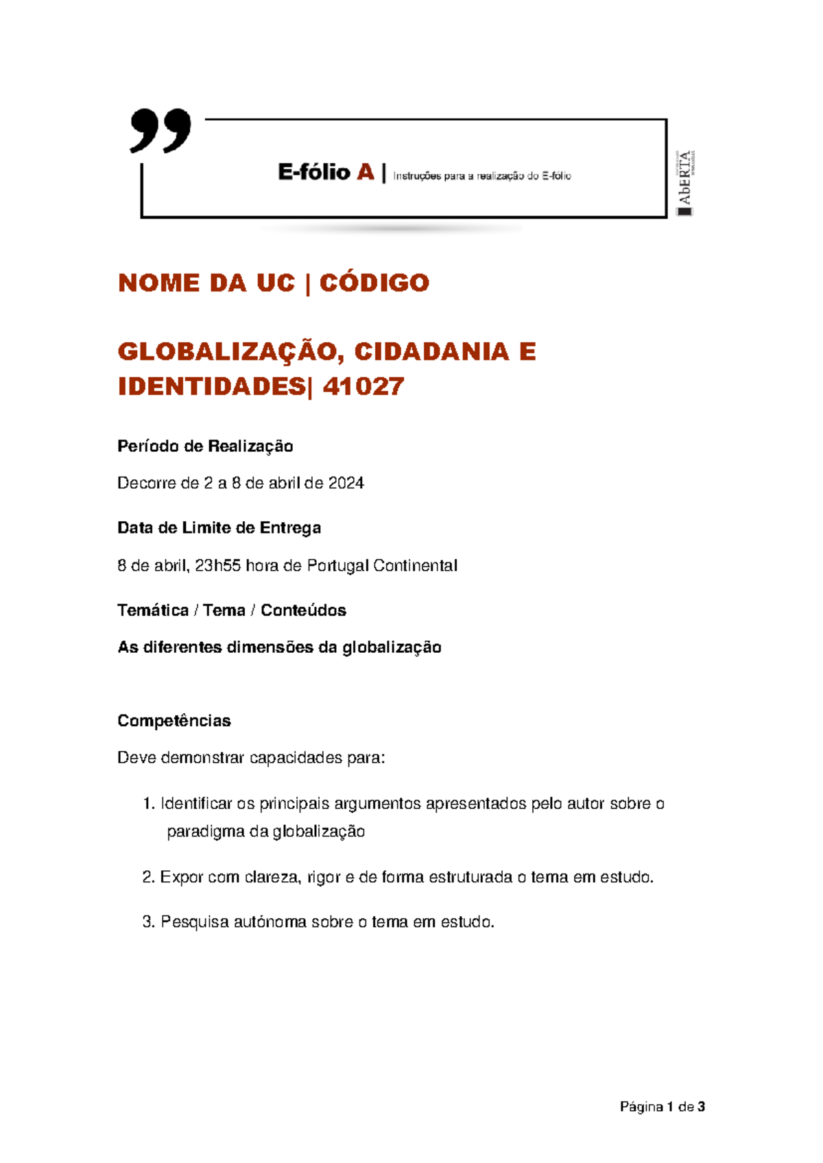 41027 EFólio A Instruções 2023 2024 - Página 1 de 3 NOME DA UC | CÓDIGO ...