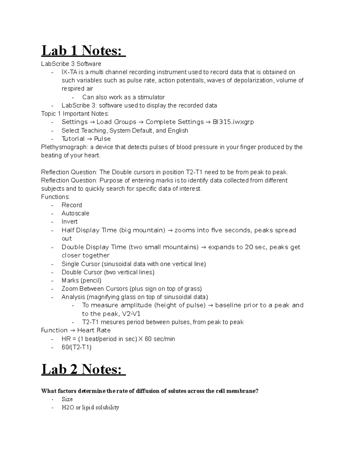 BI315 Lab Study Guide - Lecture notes All - Lab 1 Notes: LabScribe 3 ...