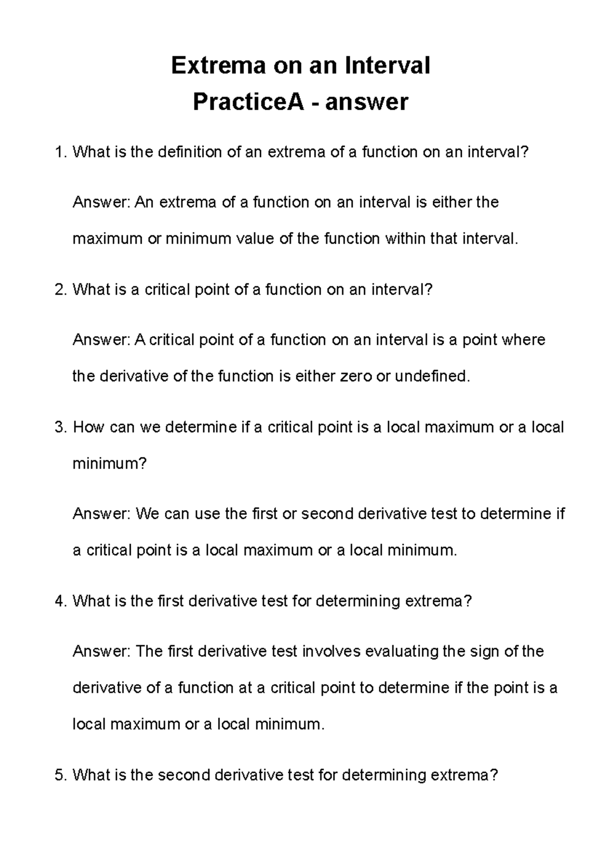 Extrema on an Interval Practice A - answer - Extrema on an Interval ...
