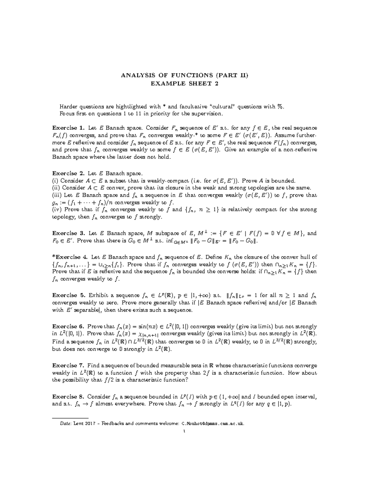 Analysis of Functions 2016-2017 Example Sheet 2 - ANALYSIS OF FUNCTIONS ...