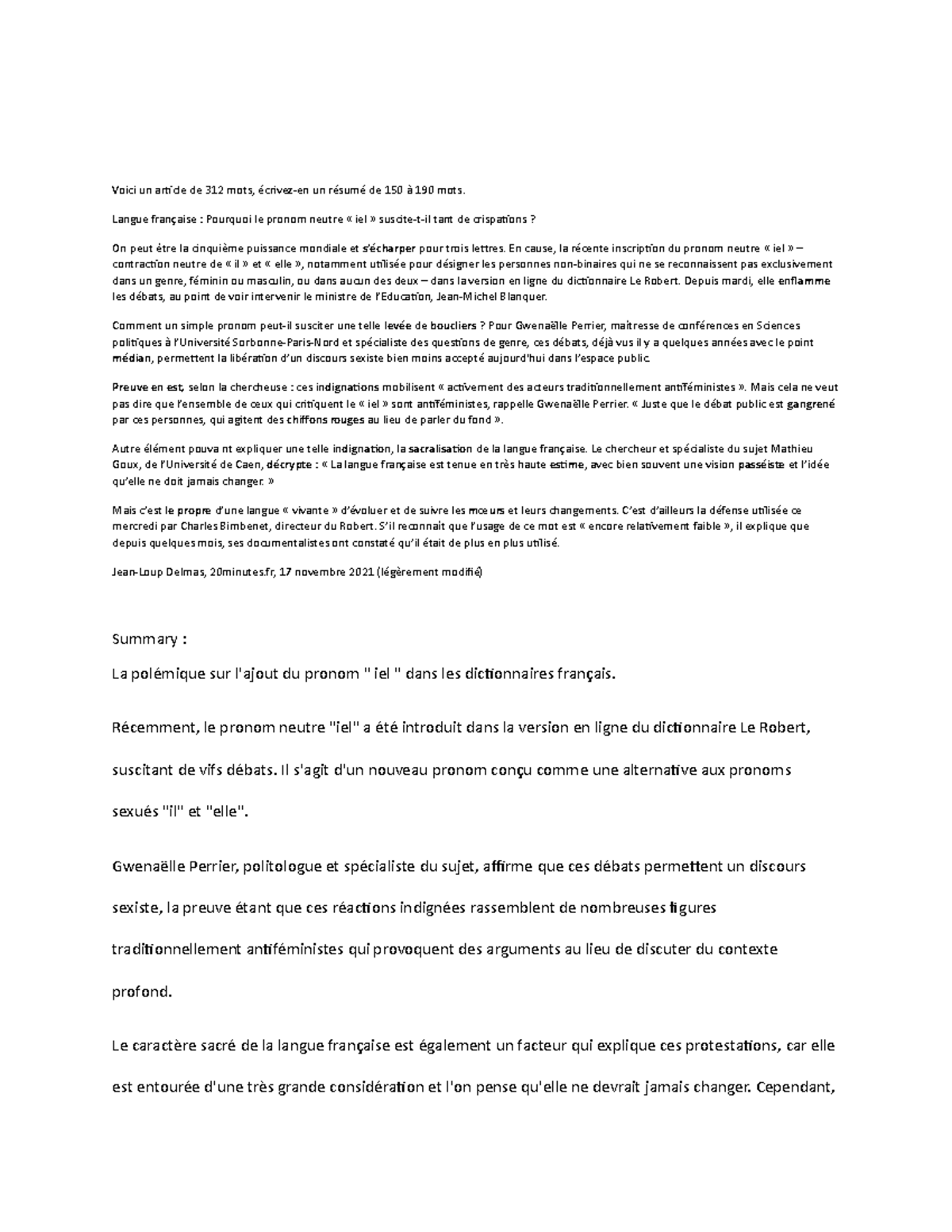 Le pronom neutre « iel » - Summary of an article about the neutral ...