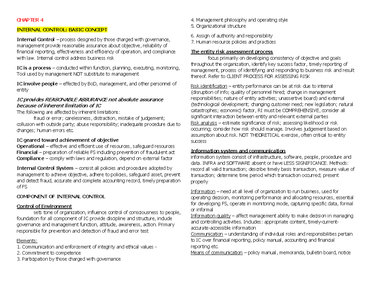 Audit Theory - CHAPTER 4 INTERNAL CONTROL: BASIC CONCEPT Internal ...