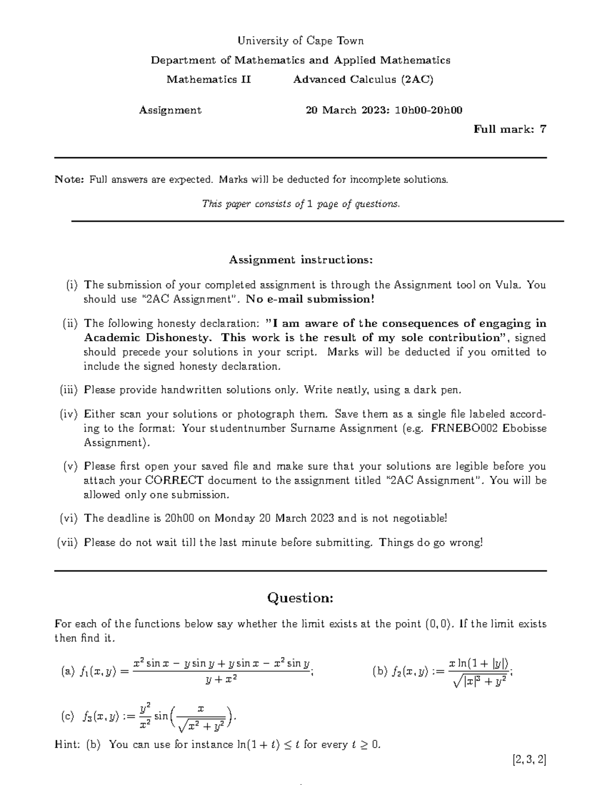 MAM2000W 2AC Assignment - University of Cape Town Department of ...