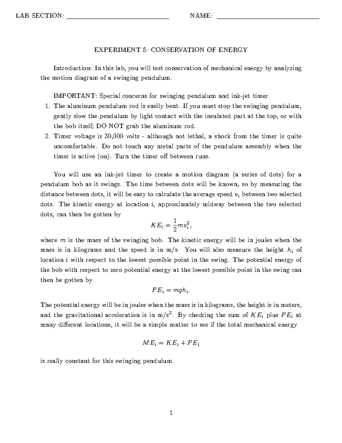 Conservation of Energy in Swinging Pendulum Lab - Studocu