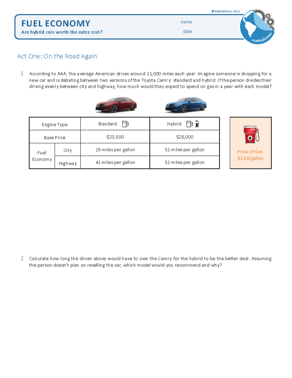 Car MPG - This is a worksheet - FUEL ECONOMY Are hybrid cars worth the ...