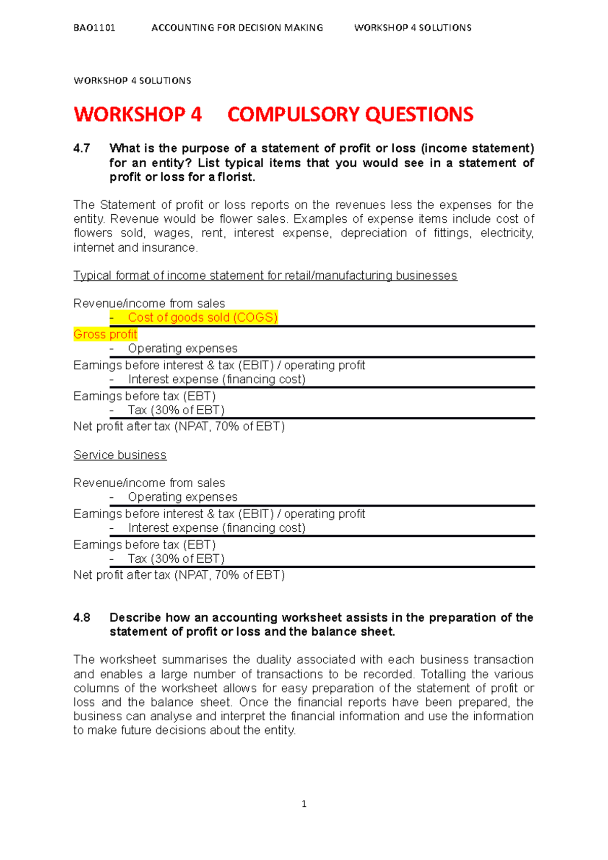 Workshop 4 Solutions - WORKSHOP 4 SOLUTIONS WORKSHOP 4 COMPULSORY QUESTIONS 4 What is the ...