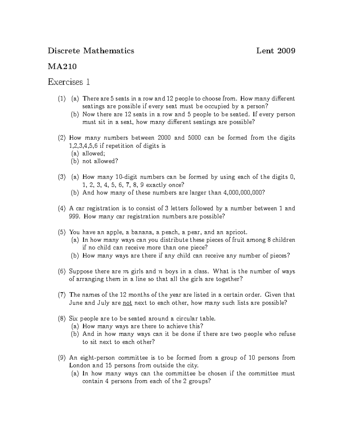 MA210 2009-2010 Week 1 Exercises - Discrete Mathematics Lent 2009 MA ...