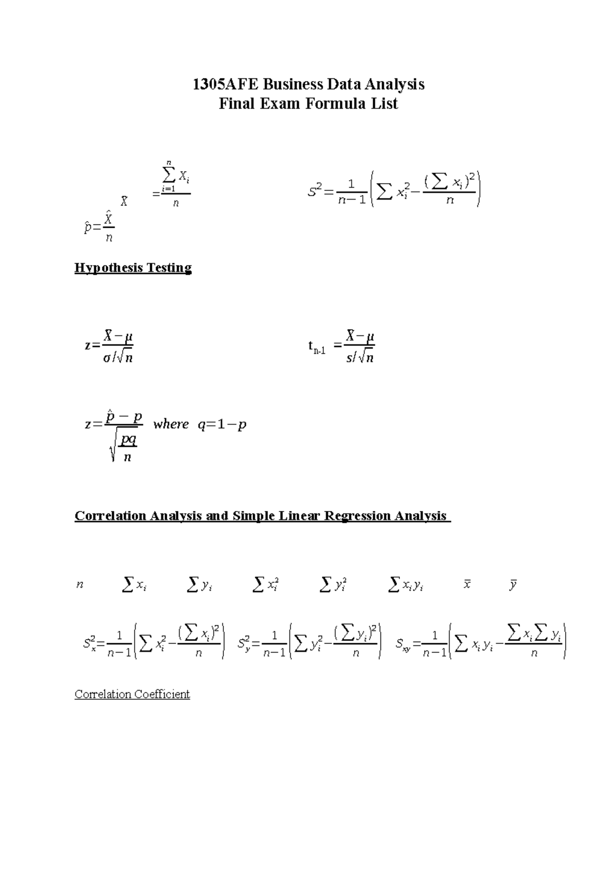 Final Exam Formula Sheet 2018 03 1305AFE Business Data Analysis Final