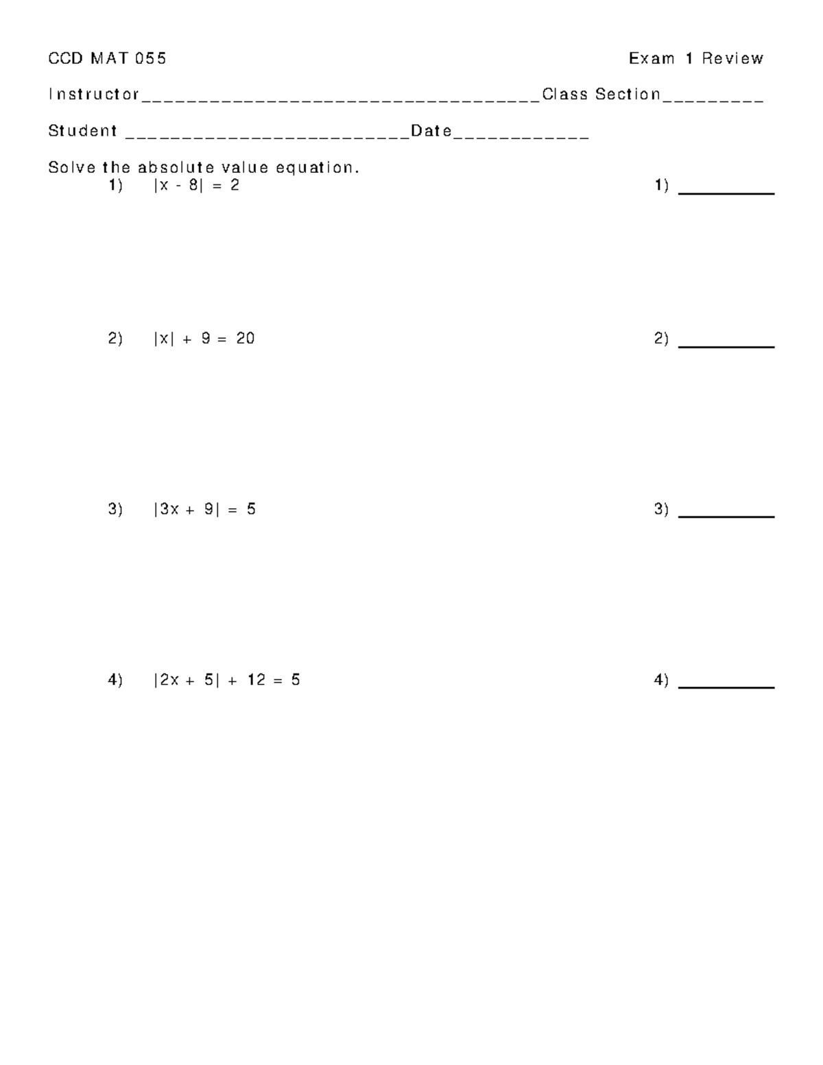 MAT 055 Exam 1 Review - FA 2020 - CCD MAT 055 Exam 1 Review - Studocu