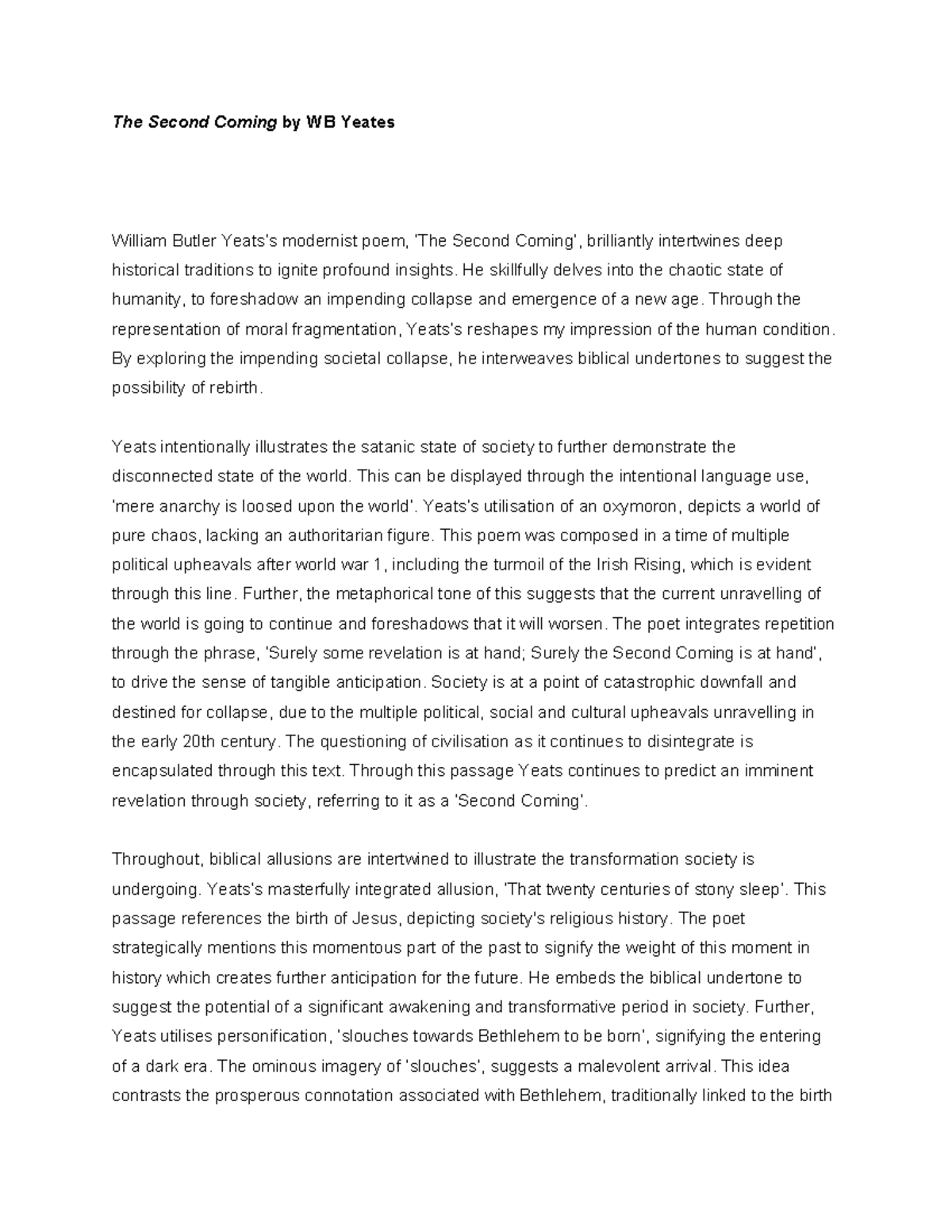 English - Analytic Writing - The Second Coming by WB Yeates William ...