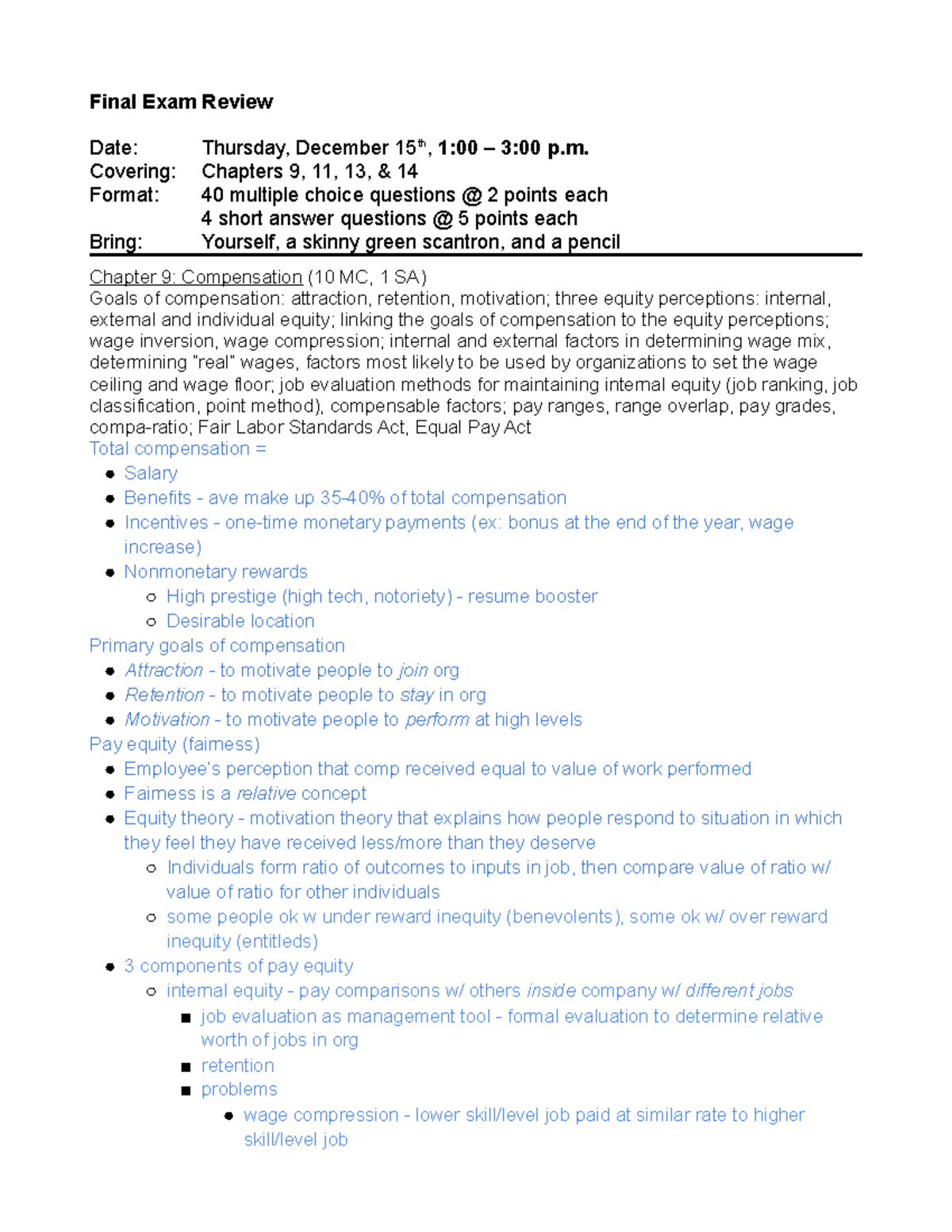 Fall 2022 Final exam review - Final Exam Review Date: Thursday ...