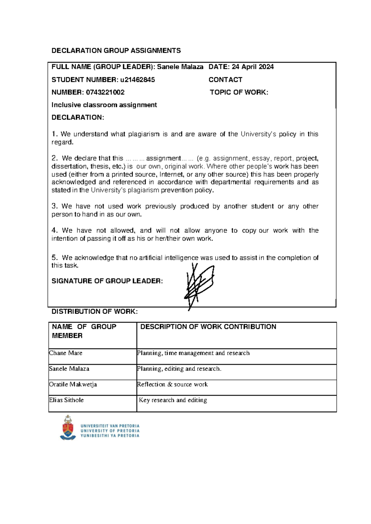 JLZgroup 111 - counts 50% towards final mark. - DECLARATION GROUP ...