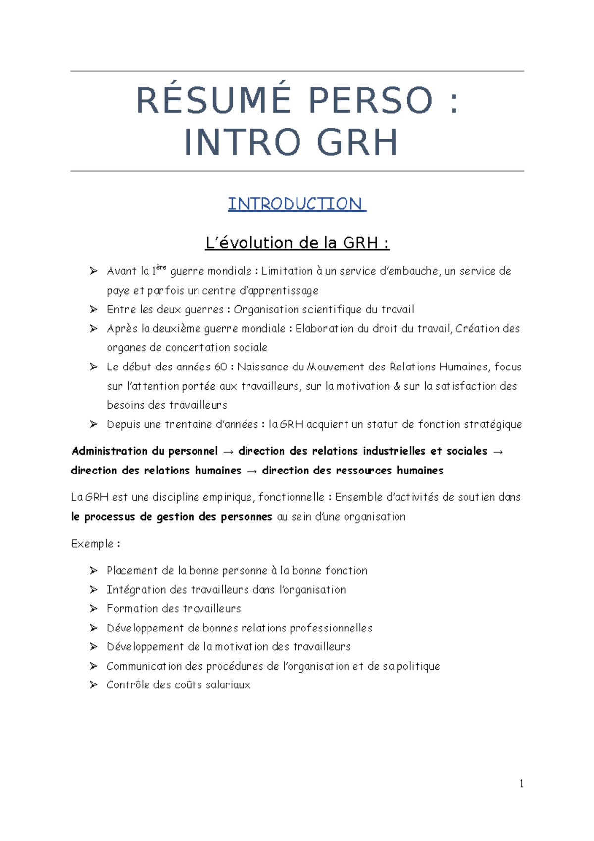 Synthèse GRH - synthèse - RÉSUMÉ PERSO : INTRO GRH INTRODUCTION L’évolution de la GRH : Avant la ...