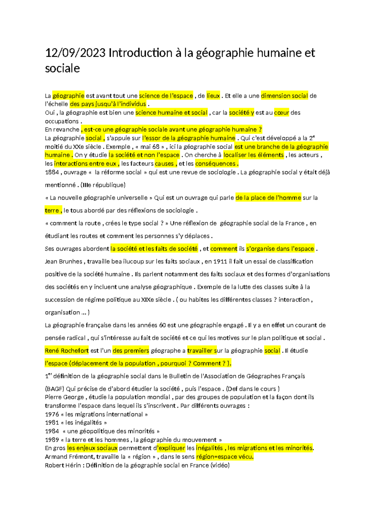 Géographie humaine et social - 12/09/2023 Introduction à la géographie ...