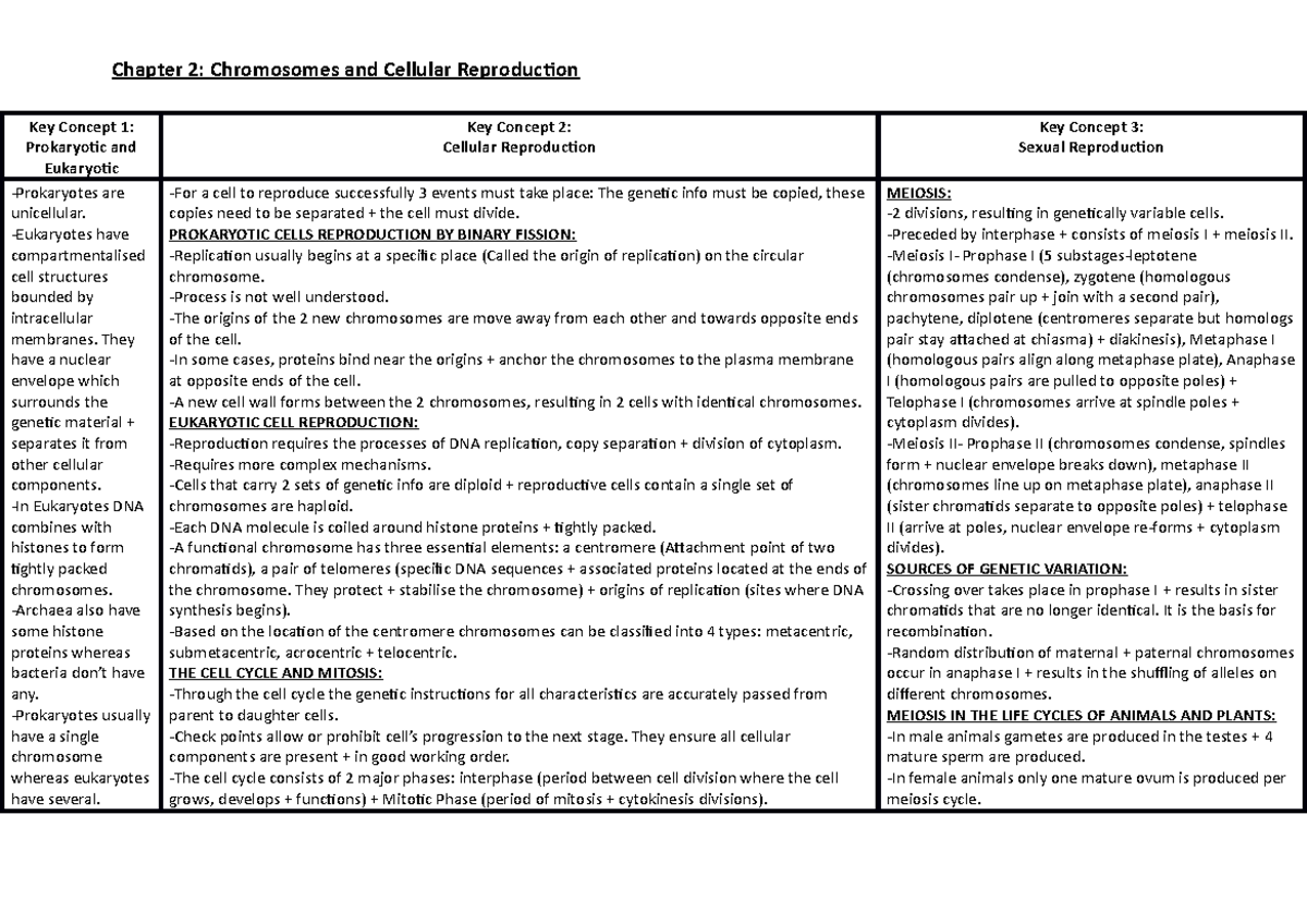 Genetics Chapter 2 Study Summary Table - Chapter 2: Chromosomes and ...