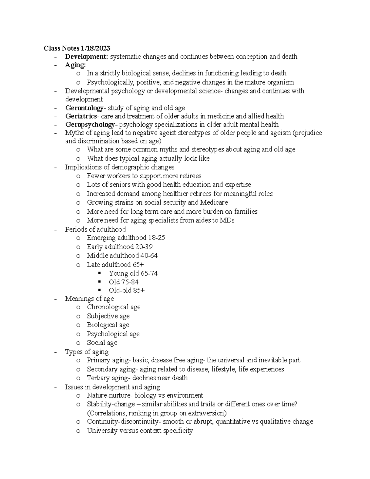 Adult Dev and Aging Notes - Class Notes 1/18/ - Development: systematic ...
