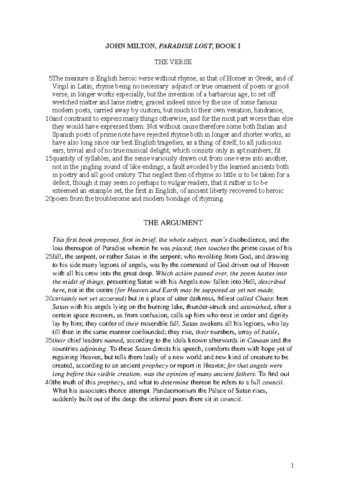 JOHN Milton, Paradise LOST, BOOK I - JOHN MILTON, PARADISE LOST, BOOK I ...