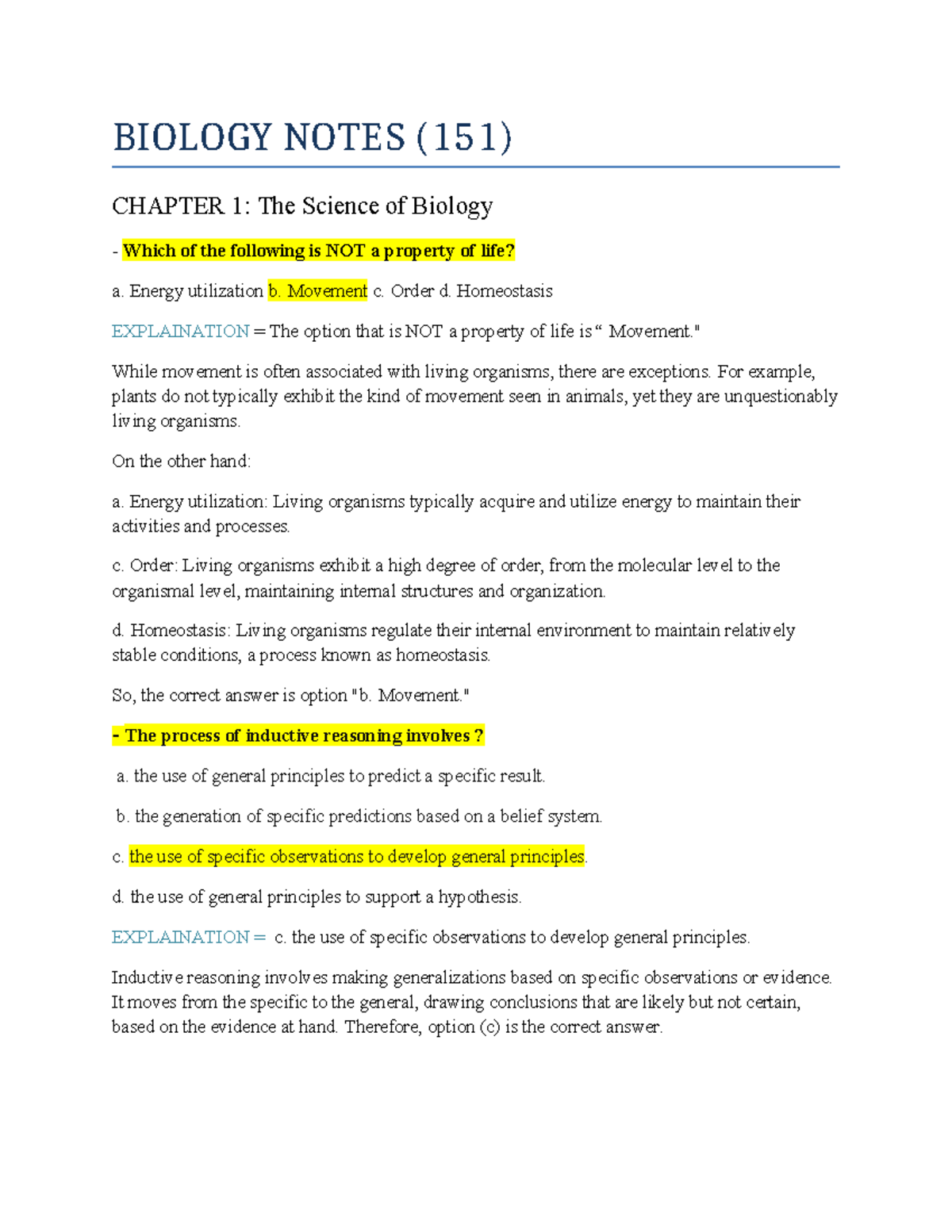 Biology Notes - question by question - BIOLOGY NOTES (151) CHAPTER 1 ...