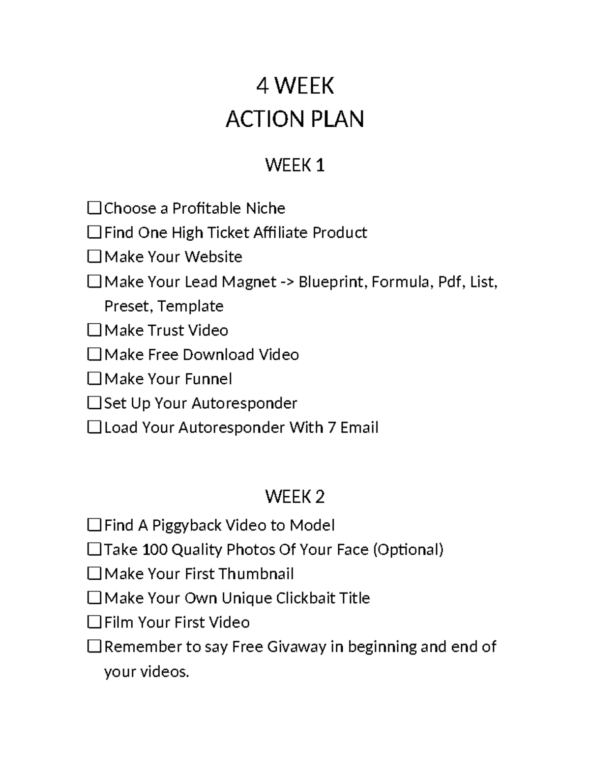 05 4 Week Action Plan - PORTION - 4 WEEK ACTION PLAN WEEK 1 Choose a Profitable Niche Find One ...