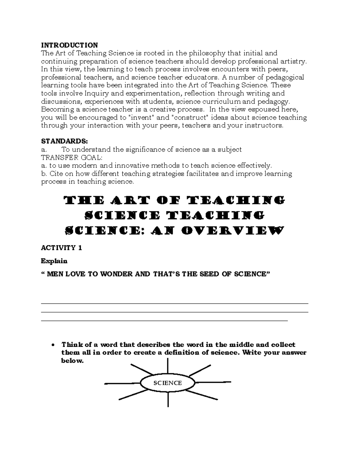 SP2- Activity-1 - Science summary - INTRODUCTION The Art of Teaching ...