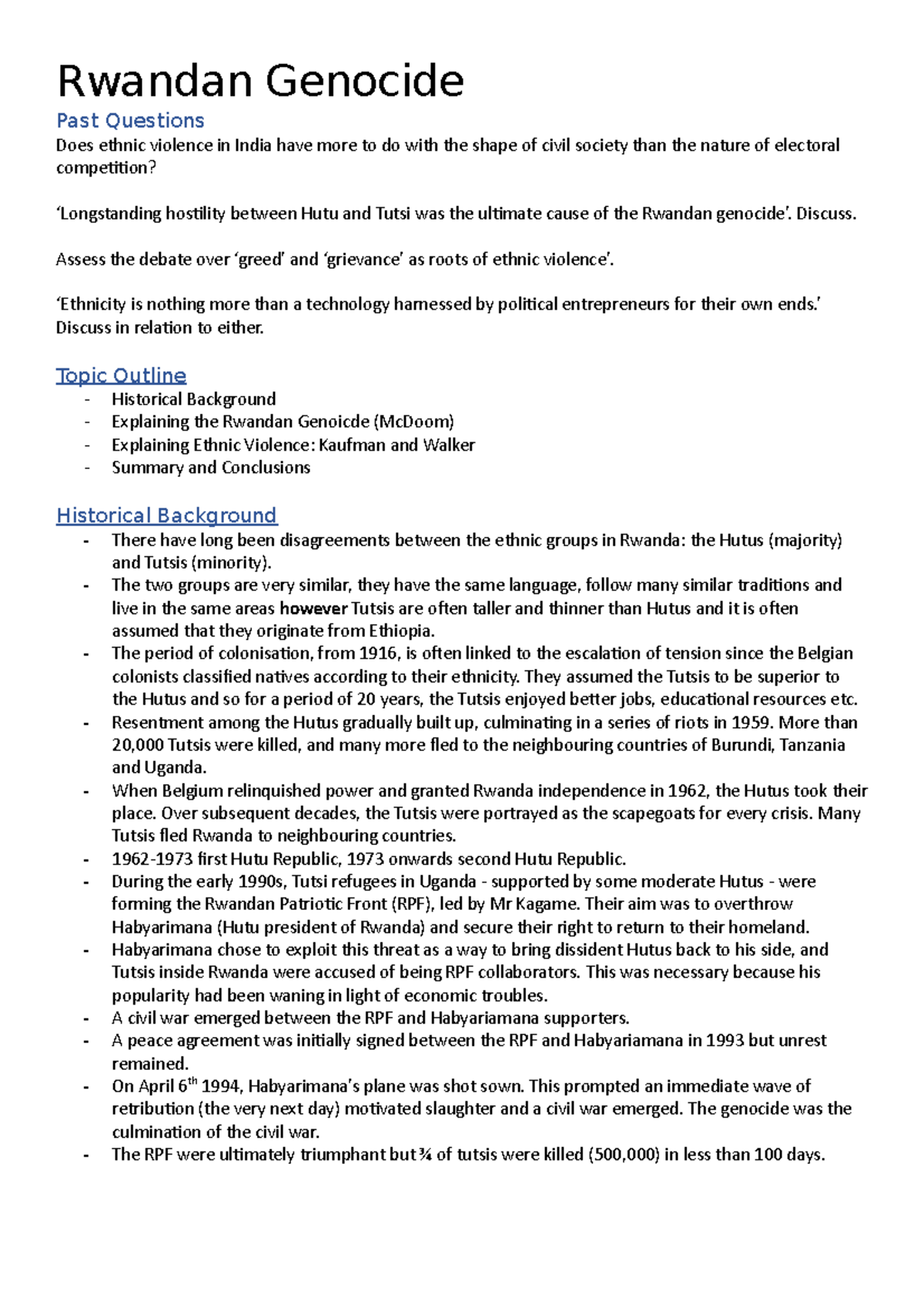 Rwandan Genocide - Summary incorporates lecture notes, class notes and ...