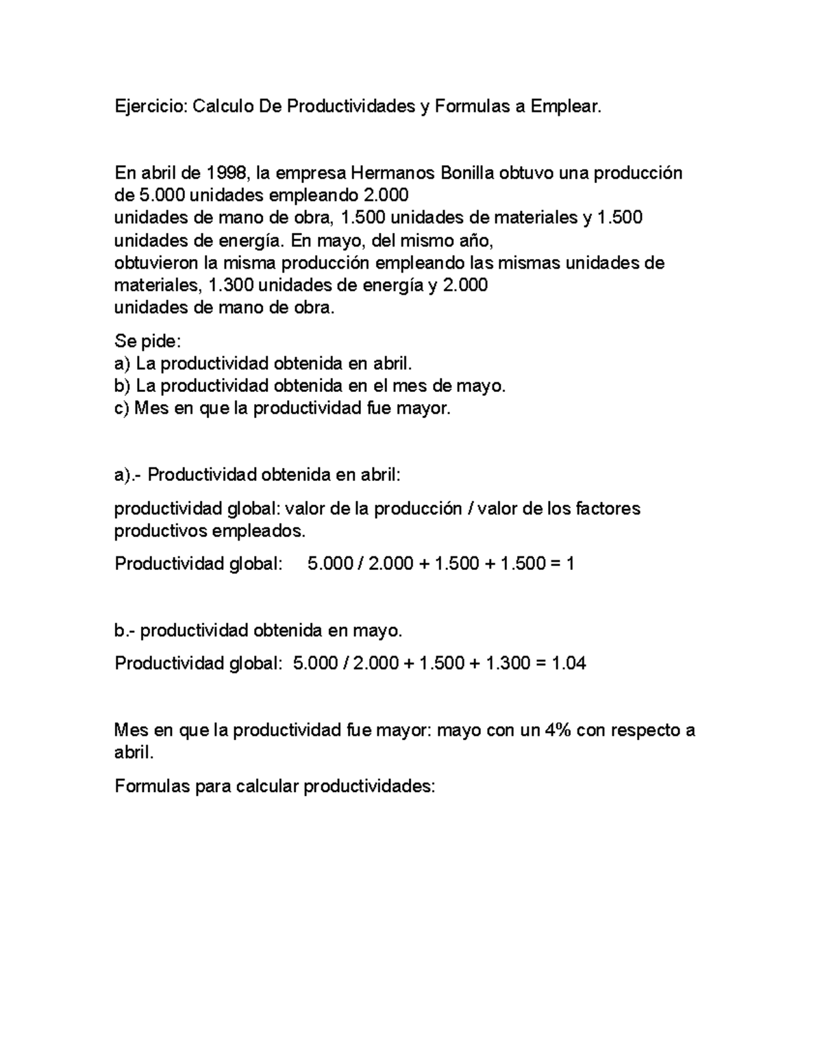 Formulas para calcular productividad - Ejercicio: Calculo De ...