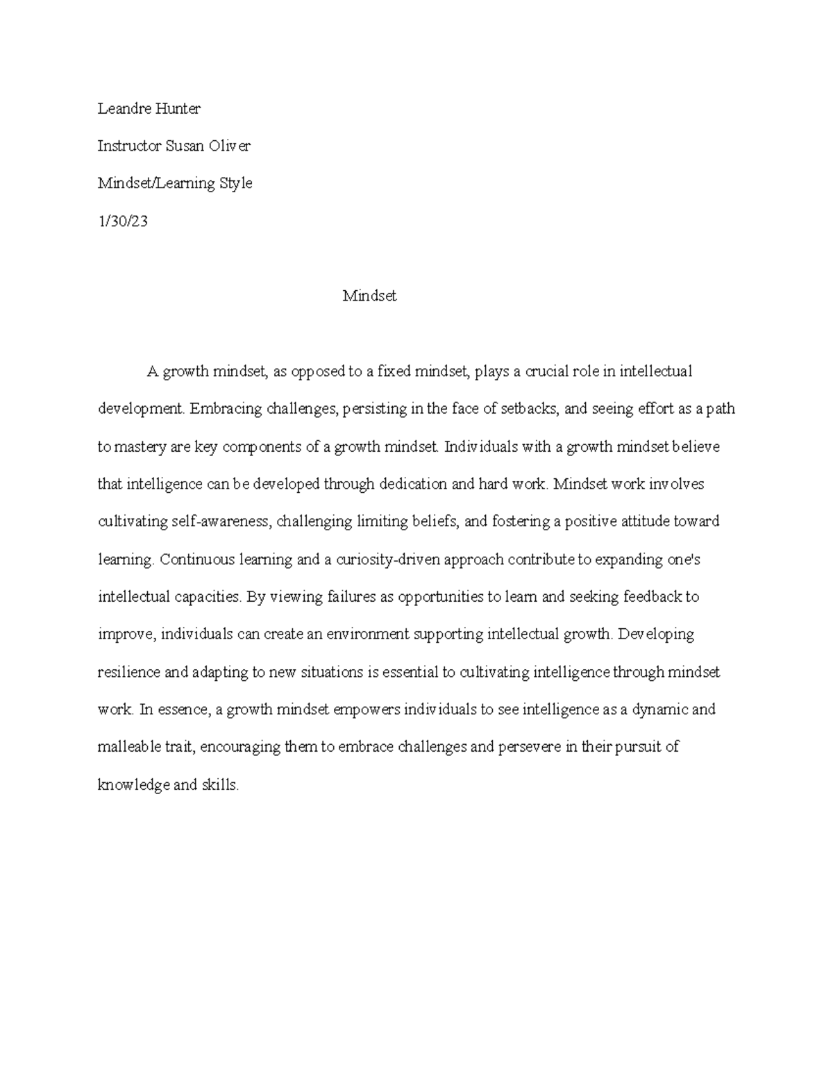 Leandre Hunter- Mindset - Leandre Hunter Instructor Susan Oliver ...