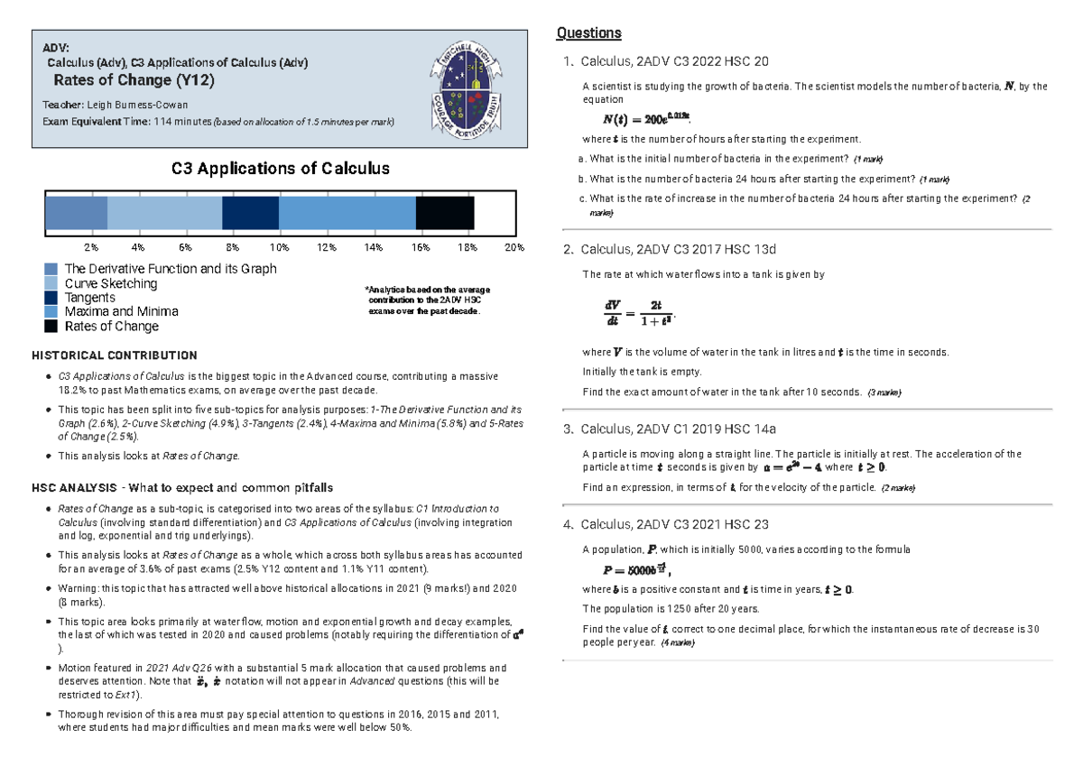 C3 Rates of change - Math - ADV: Calculus (Adv), C3 Applications of ...