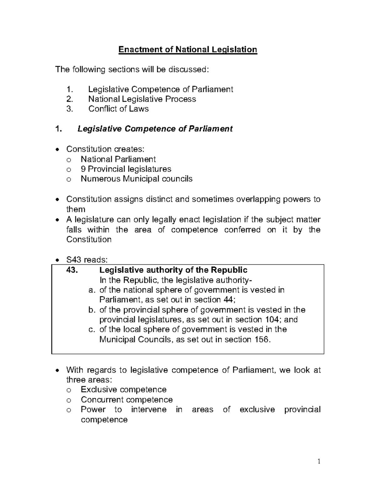 Enactment of National Legislation - Legislative Competence of ...