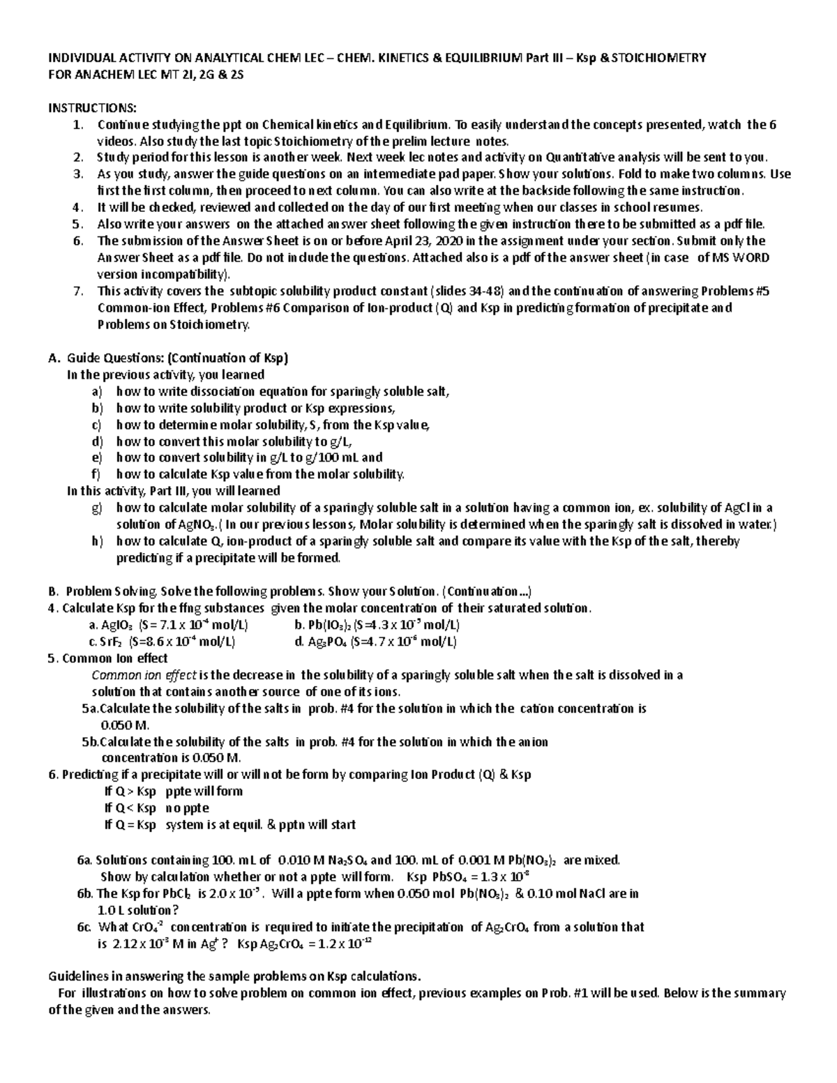 ACT ON Anachem LEC Equil Ksp Part III - INDIVIDUAL ACTIVITY ON ...