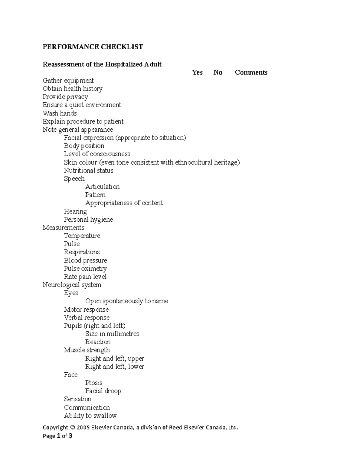 Bedside Assessment Performance Checklist - PERFORMANCE CHECKLIST ...