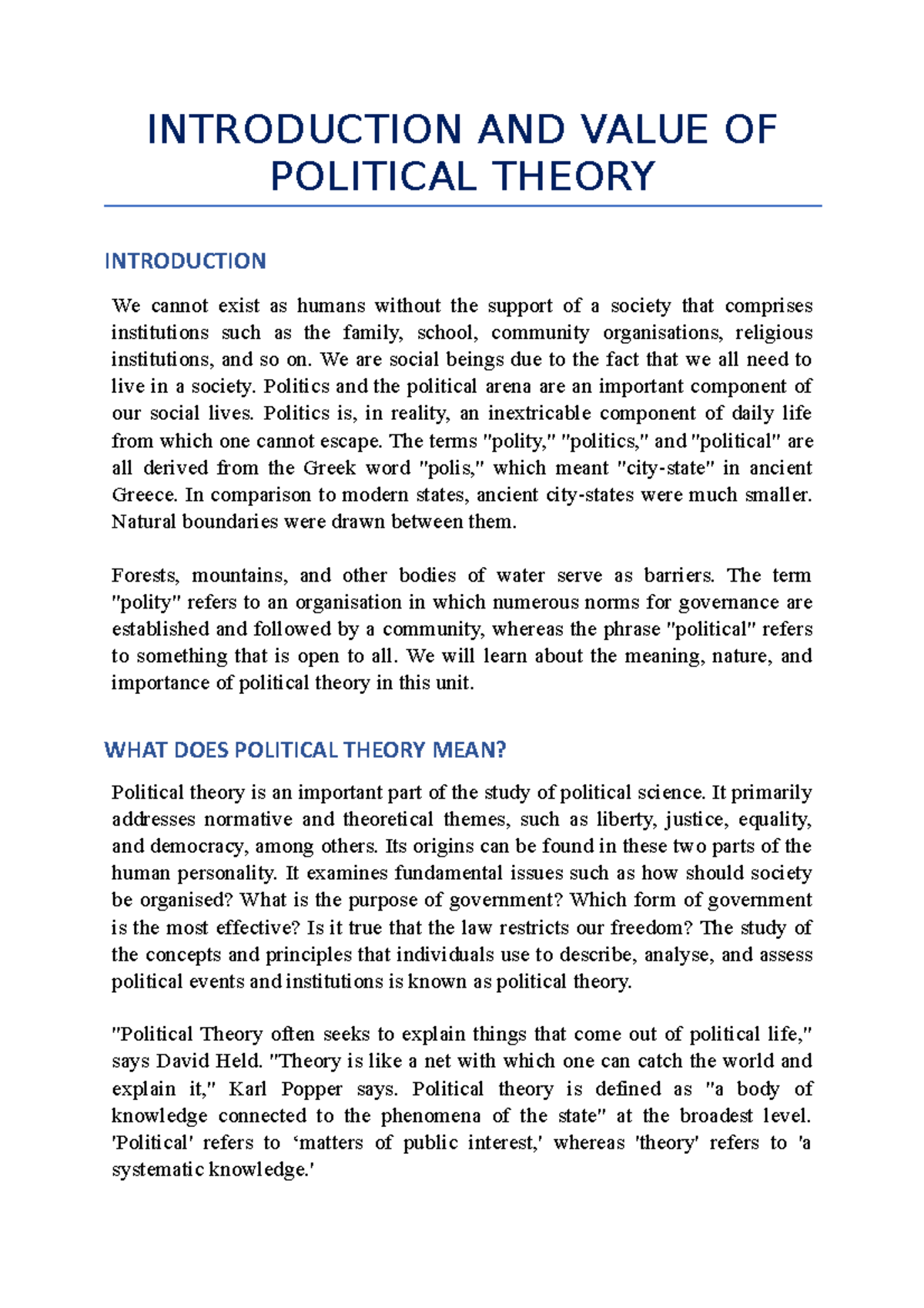Introduction AND Value OF P Olitical Theory - INTRODUCTION AND VALUE OF ...