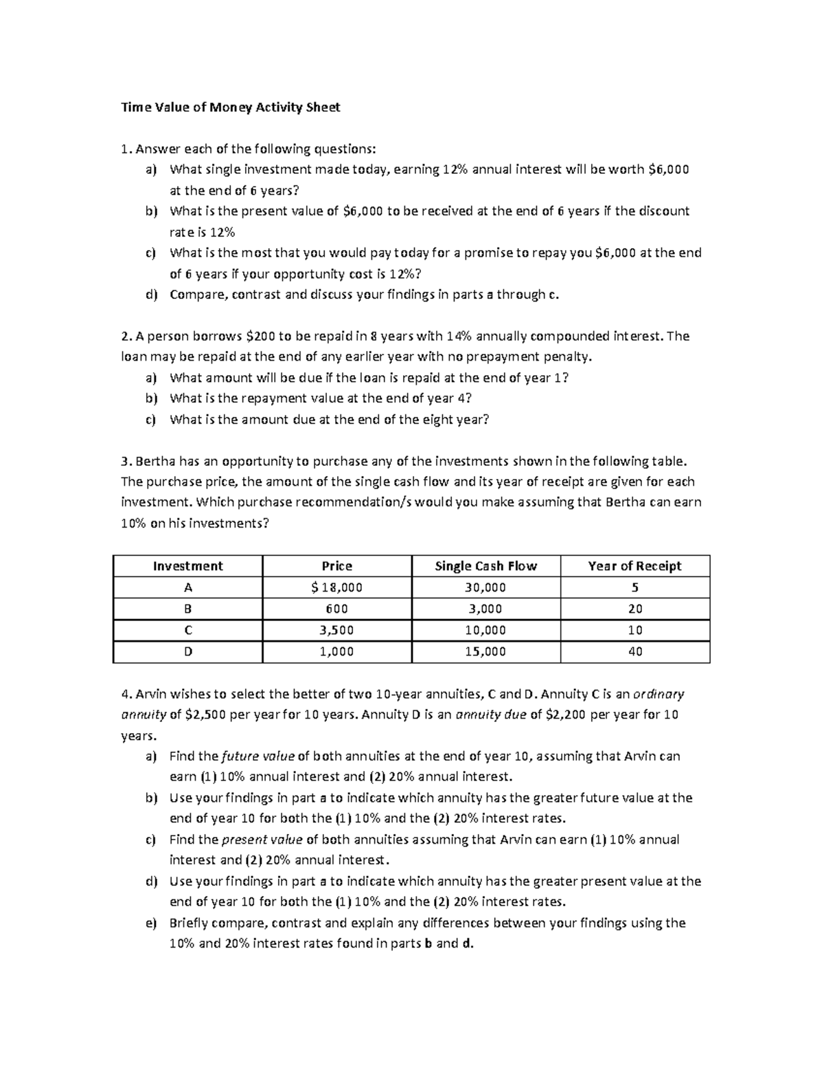 Time Value of Money Activity Sheet - Time Value of Money Activity Sheet ...