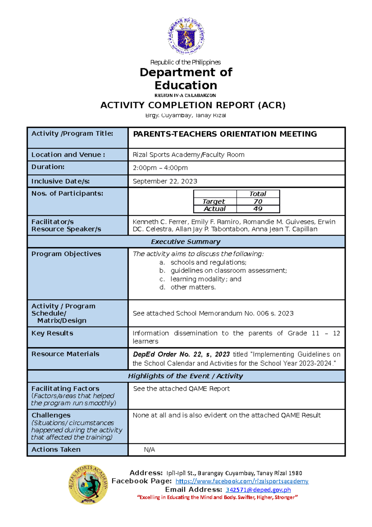 Activity- Completion- Report-PTA Meeting - Department of Education ...